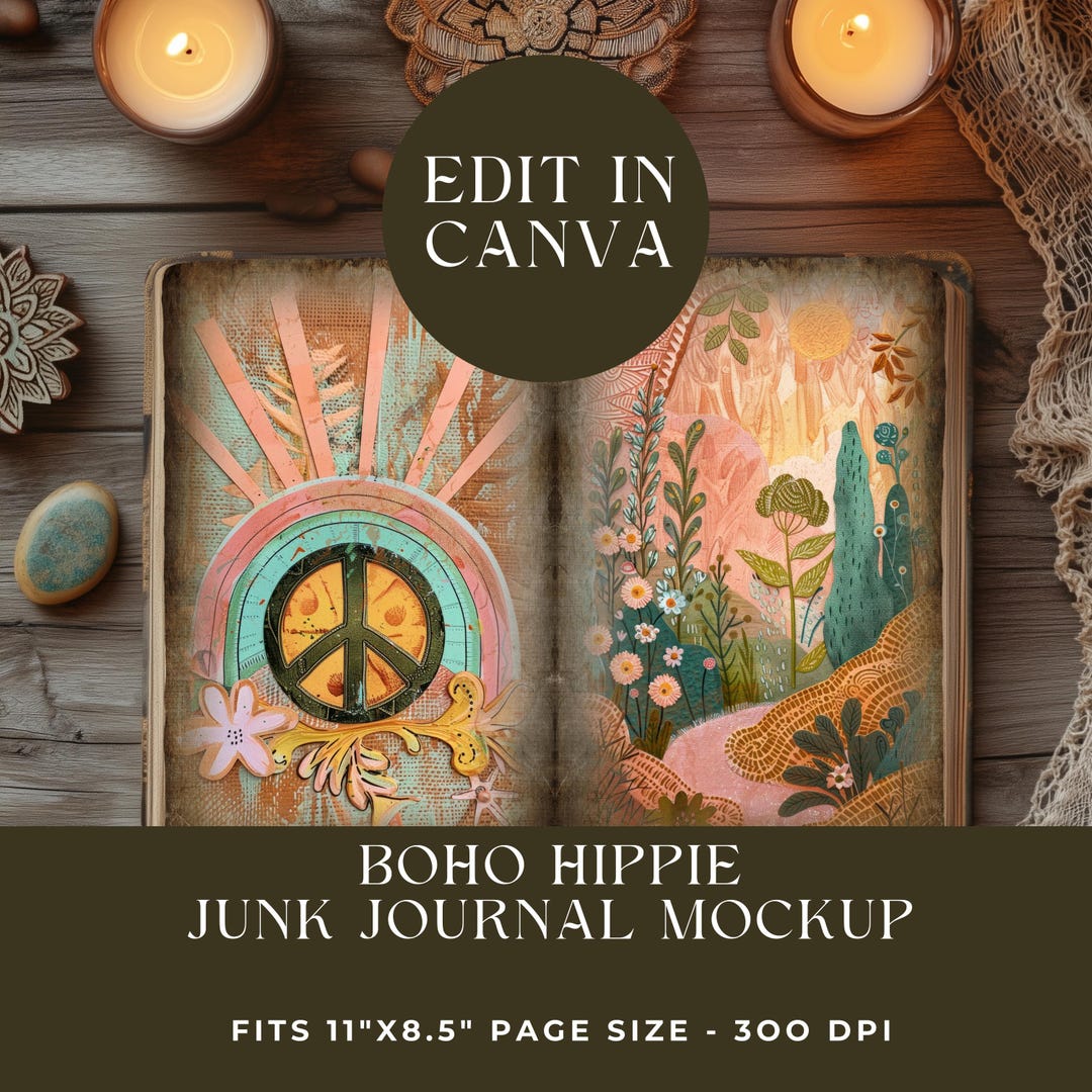 Boho Hippie Junk Journal Mockup Canva, Drag and Drop Mockup, Boho Junk ...