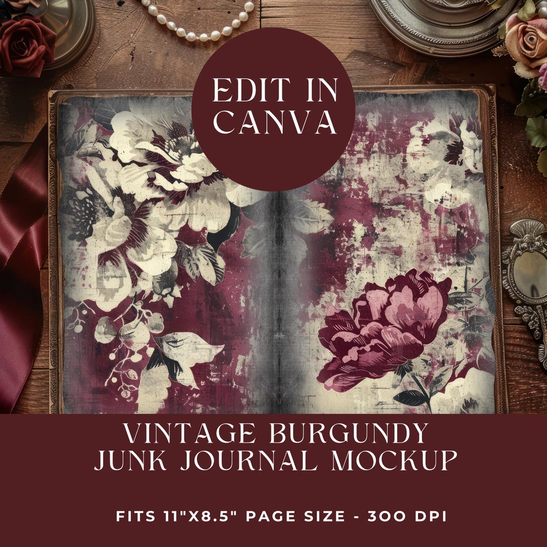 Vintage Burgundy Junk Journal Mockup: Feminine Elegant Nostalgia Canva ...