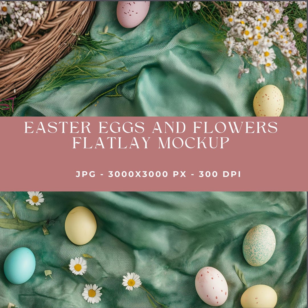 Easter Flatlay Background: Spring Eggs and Flowers Mockup Flat Lay ...