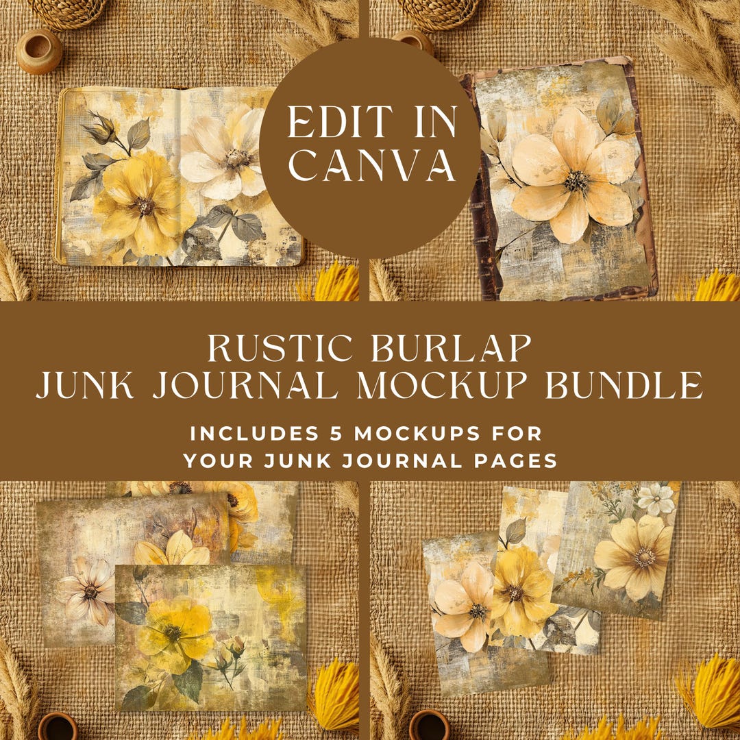 Rustic Junk Journal Mockup Bundle: Burlap Canva Drag & Drop Template ...