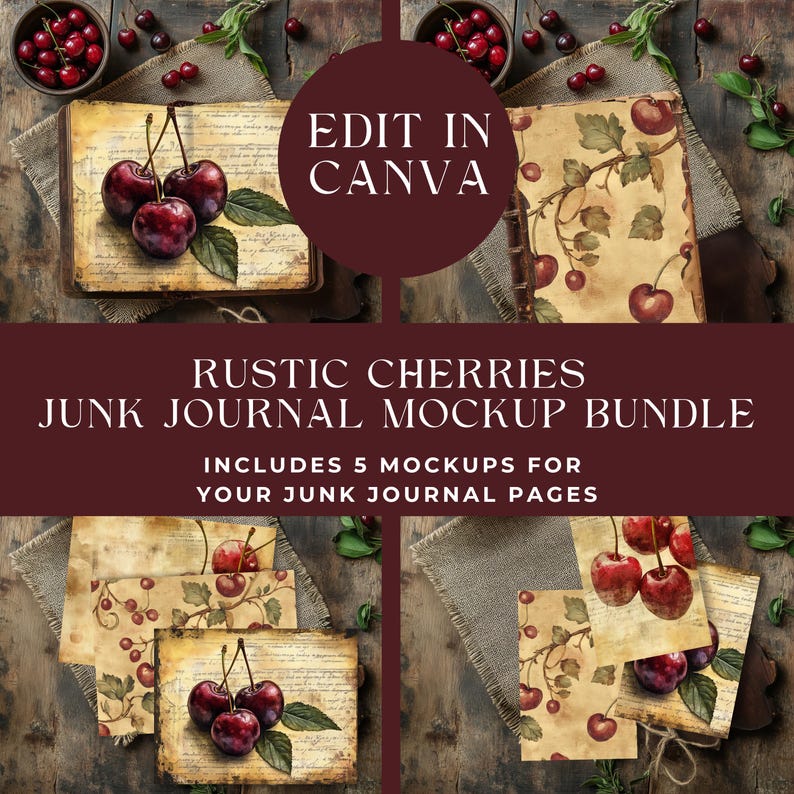Rustic Cherries Junk Journal Mockup Bundle: Cherry Canva Drag & Drop ...