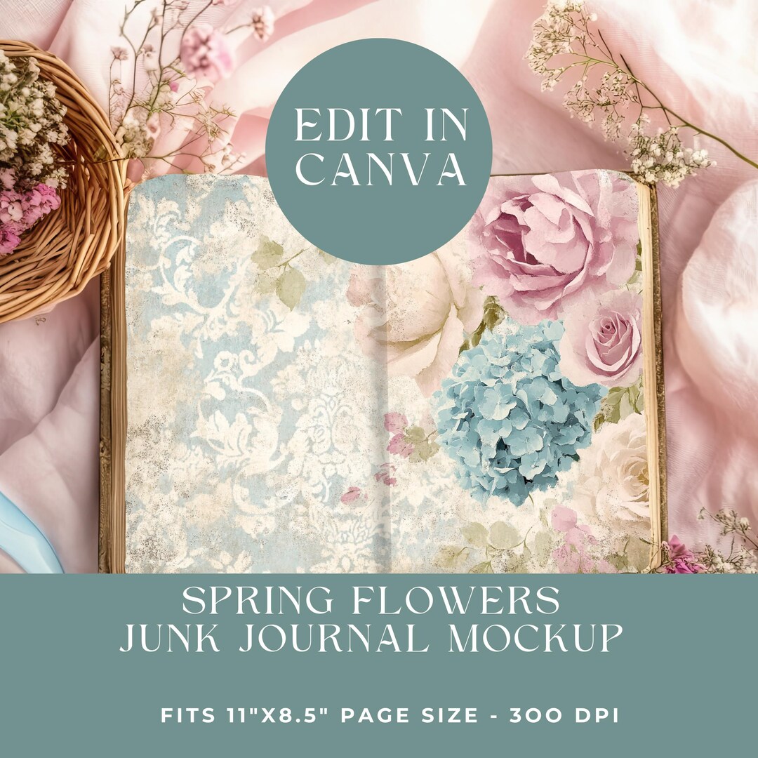 Spring Flower Junk Journal Mock Up, Junk Journal Mockup Canva, Drag and ...
