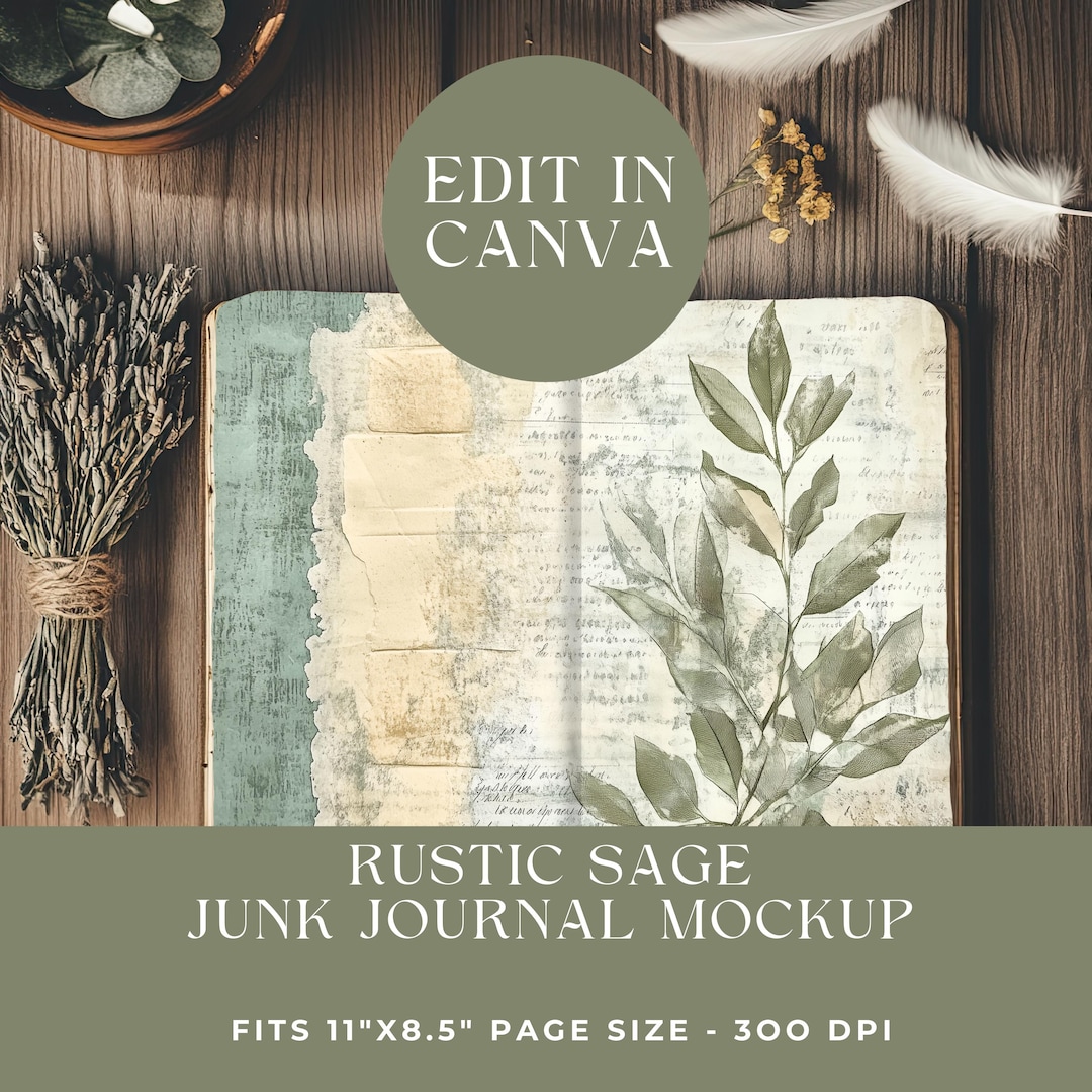 Rustic Sage Junk Journal Mockup: Nature Canva Drag & Drop Template ...