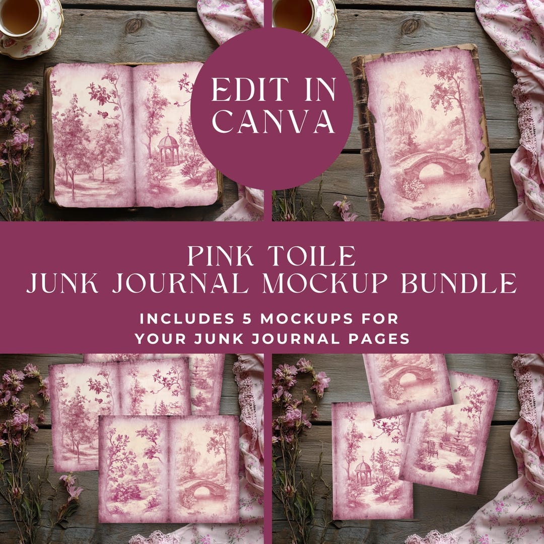 Pink Toile Junk Journal Mockup Bundle: Rustic Vintage Canva Drag & Drop ...