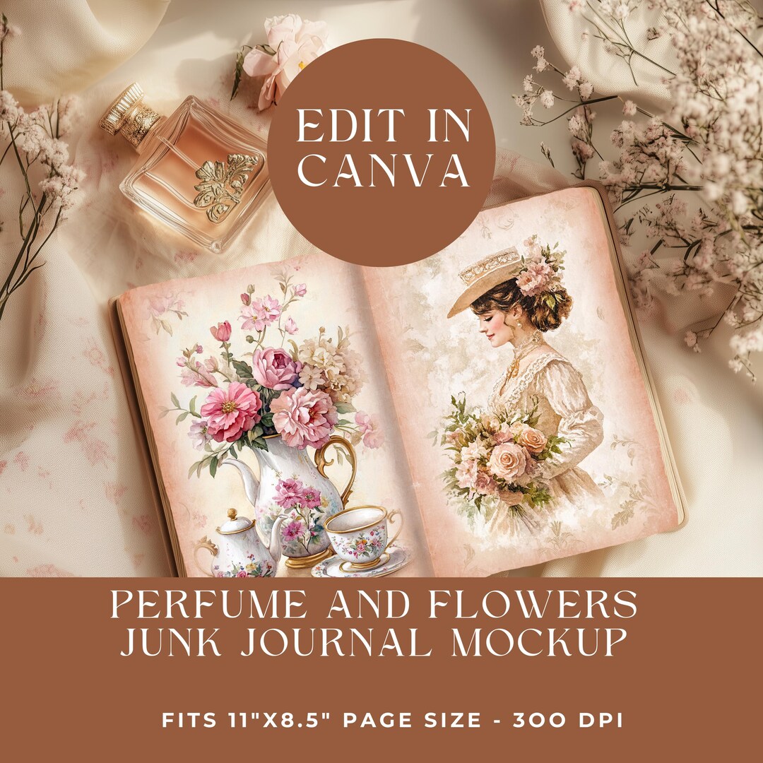 Peach Floral Junk Journal Mock Up, Junk Journal Mockup Canva, Drag and ...