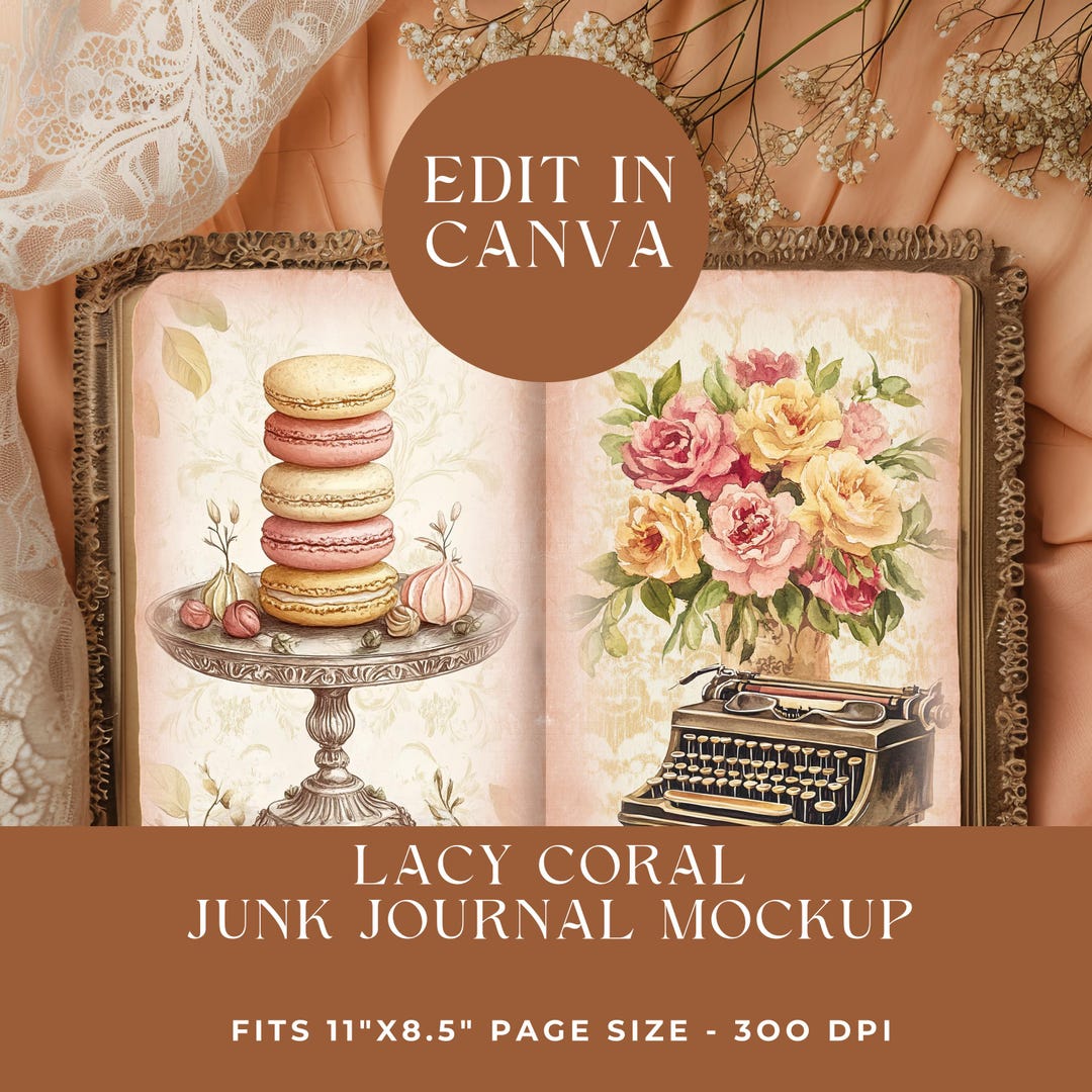 Lacy Coral Junk Journal Pages Mockup, Shabby Chic Junk Journal Mockup ...