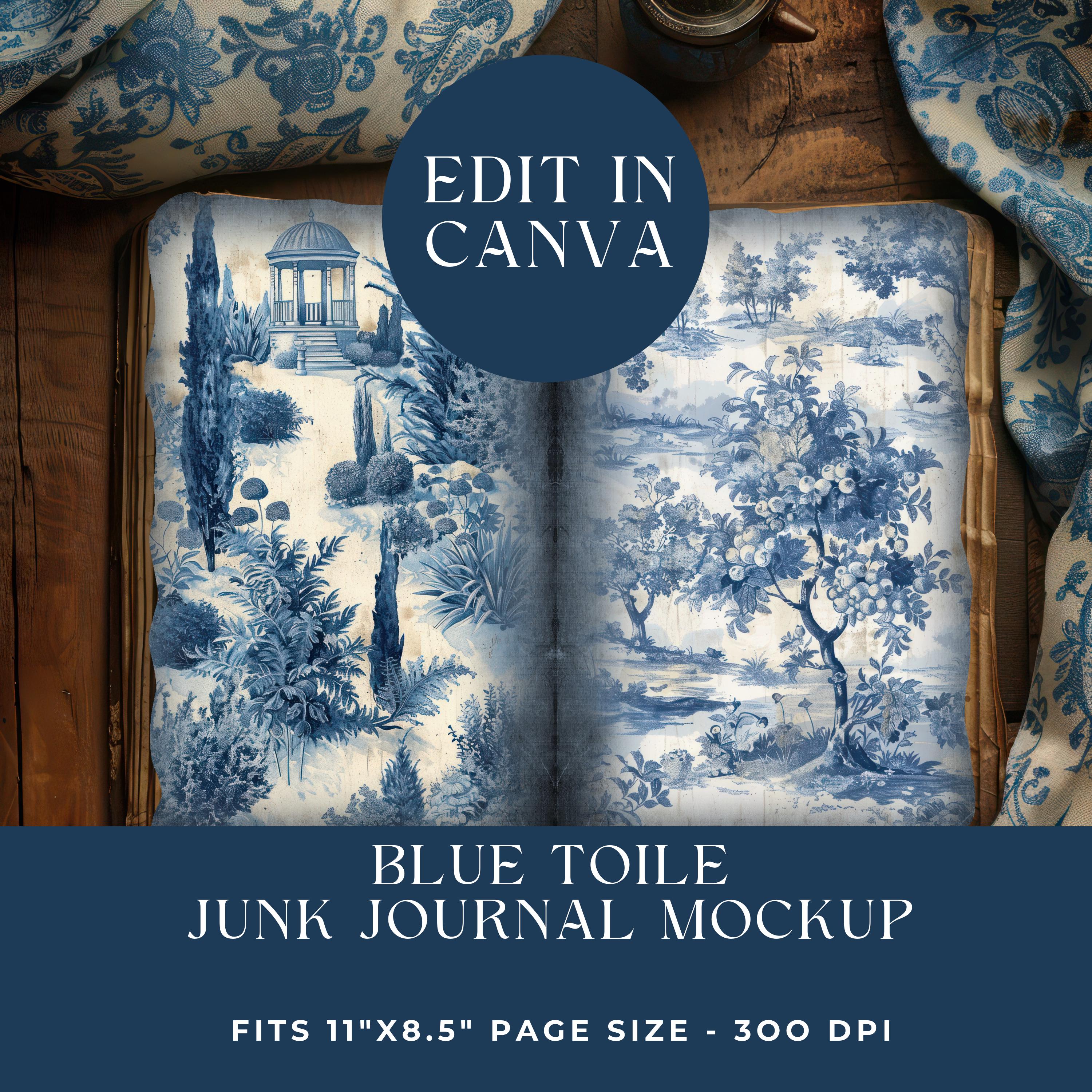 Blue Toile Junk Journal Mockup: Rustic Vintage Canva Drag & Drop ...
