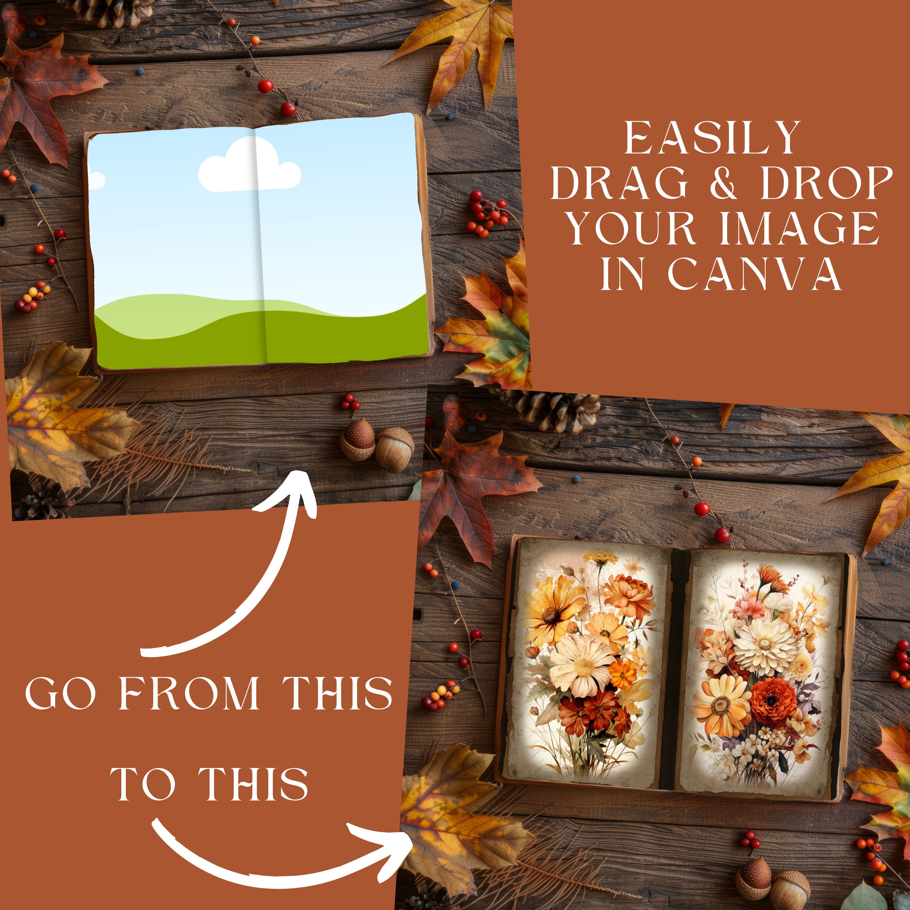 Autumn Harvest Junk Journal Mockup: Rustic Fall Leaves Canva Drag ...