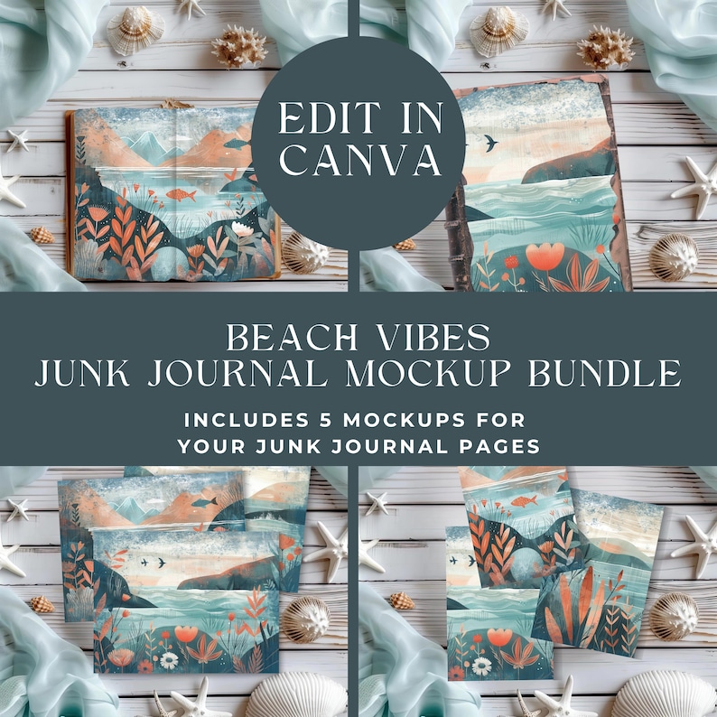 Beach Junk Journal Mockup Bundle: Ocean Seashell Canva Drag & Drop ...