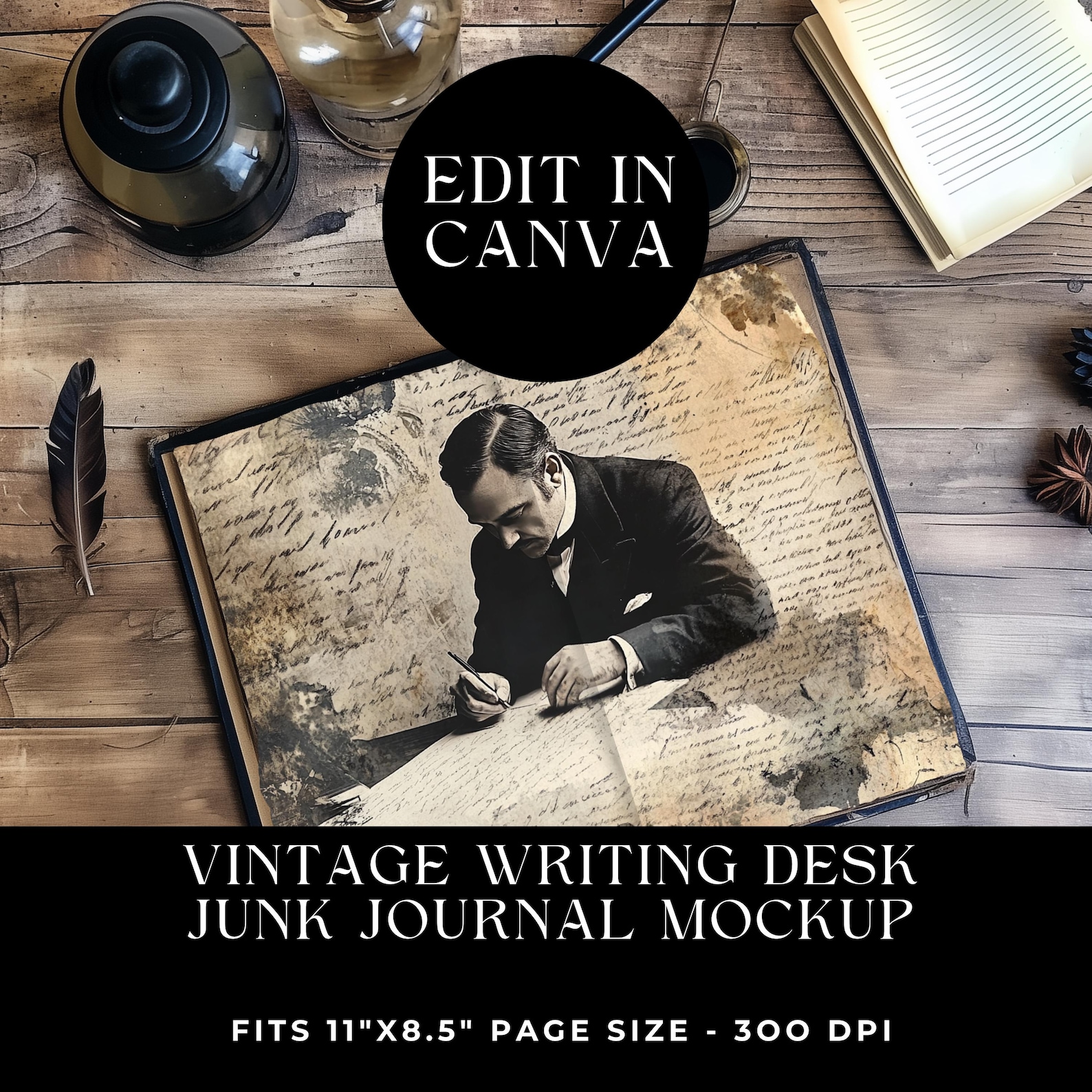 Junk Journal Mockup Canva, Drag and Drop Mockup, Vintage Writing ...