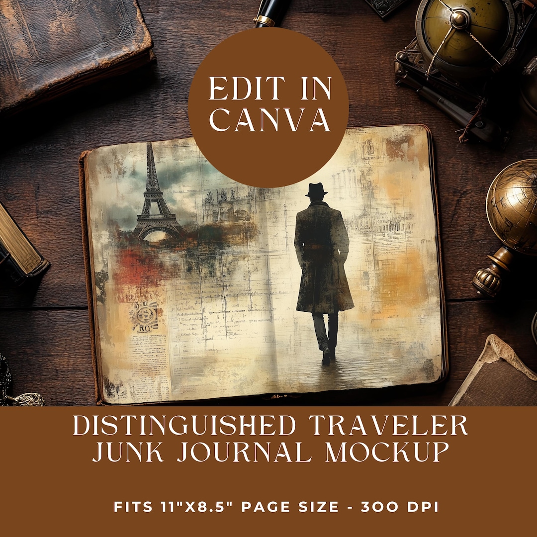 Vintage Travel Junk Journal Mockup: Canva Drag & Drop Template (digital ...