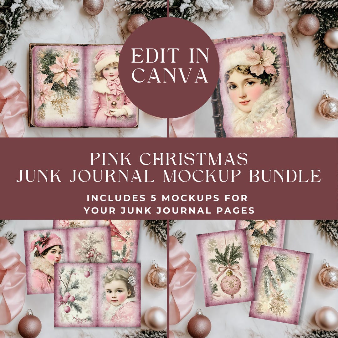 Pink Christmas Junk Journal Mockup Canva, Drag and Drop Mockup, Vintage ...