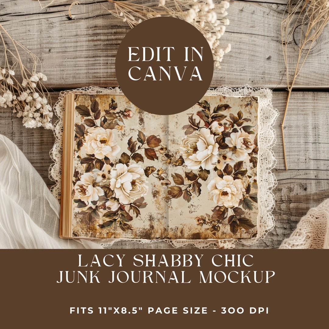 Lacy Shabby Chic Junk Journal Mockup: Rustic Canva Drag & Drop Template ...