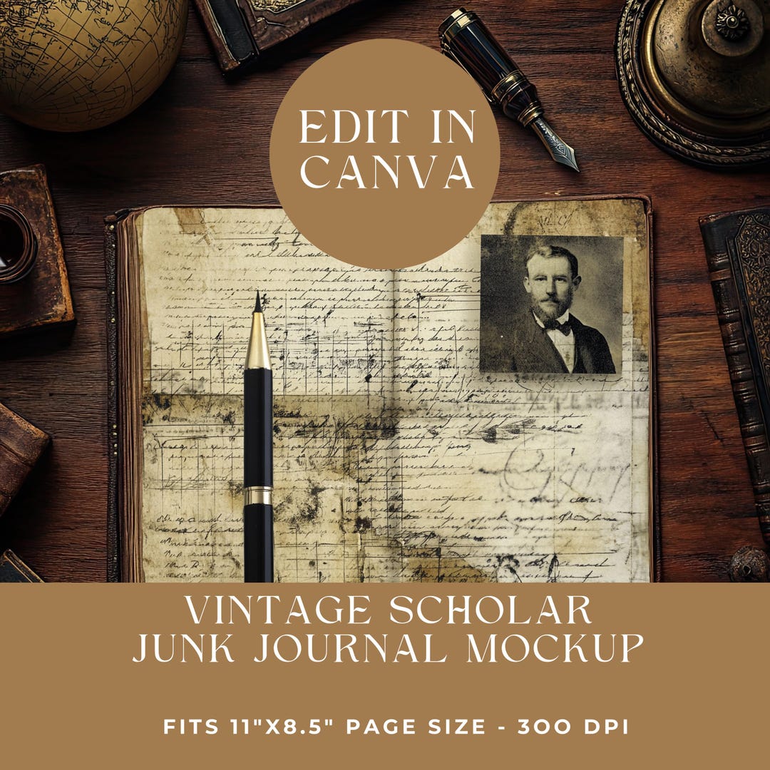 Vintage Writing Desk Junk Journal Mockup: Canva Drag & Drop Template ...