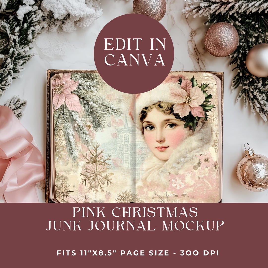 Pink Christmas Junk Journal Mockup: Vintage Holiday Canva Drag & Drop ...