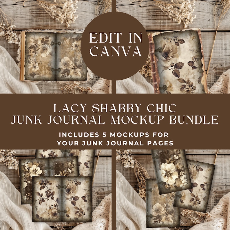 Lacy Shabby Chic Junk Journal Mockup Bundle: Rustic Canva Drag & Drop ...