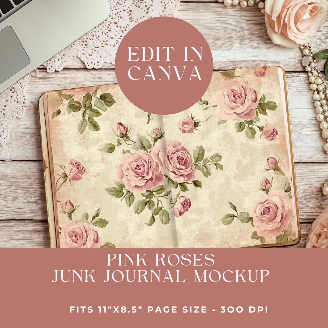 Pink Roses Junk Journal Mock Up, Junk Journal Mockup Canva, Drag and ...