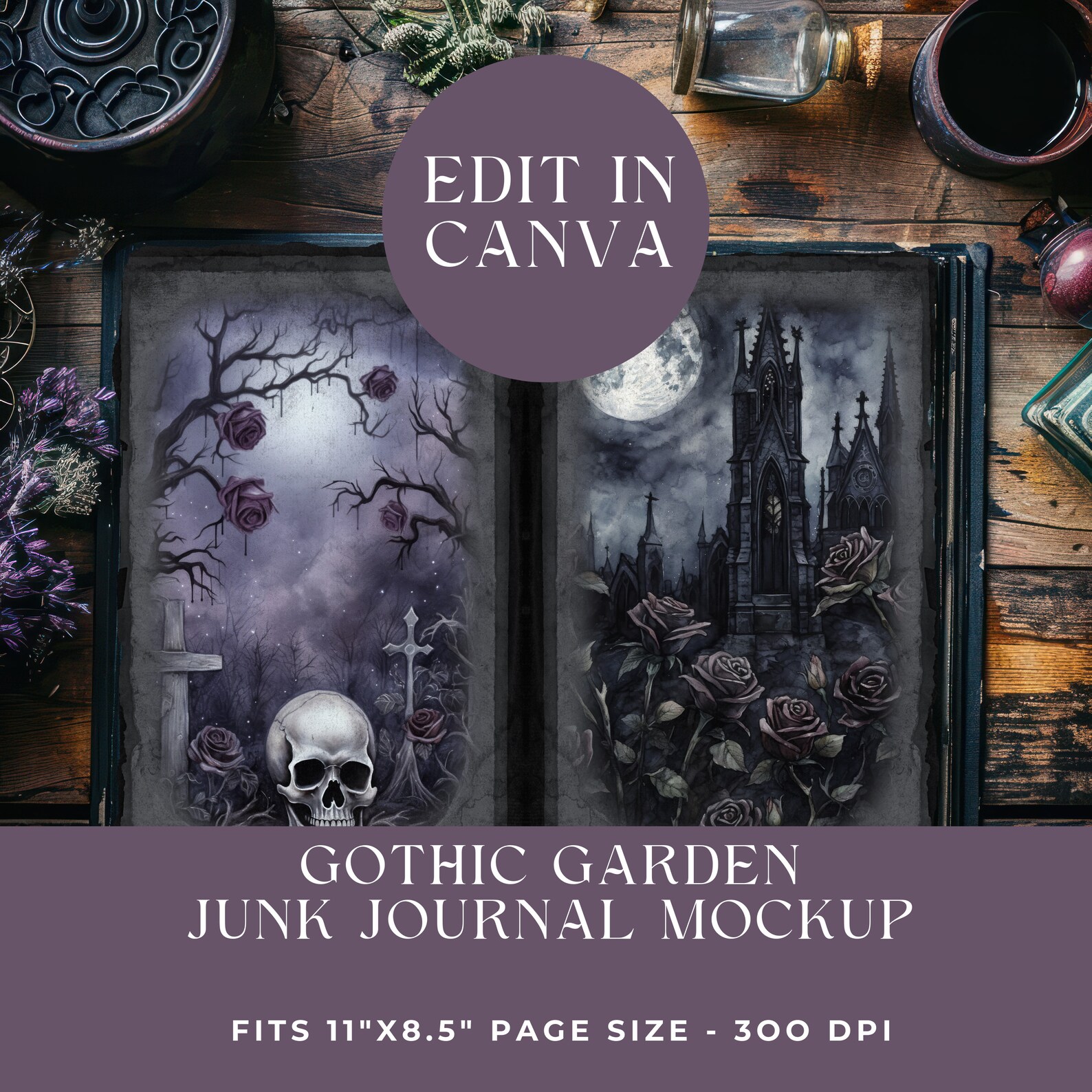 Junk Journal Mockup Canva, Drag and Drop Mockup, Gothic Garden ...