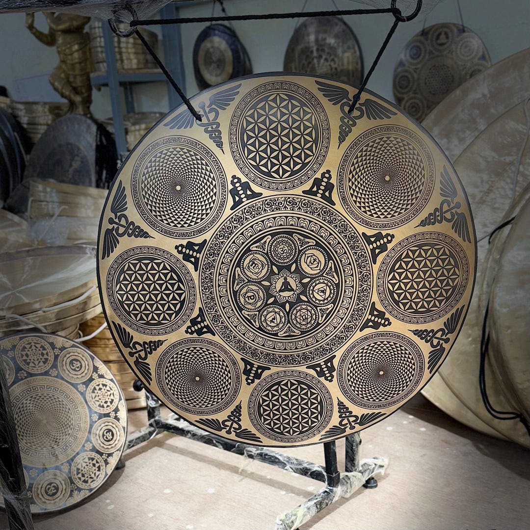 35 Cm to 65 Cm Lightweight Flat Tibetan Gong- Adorned With Flower of ...