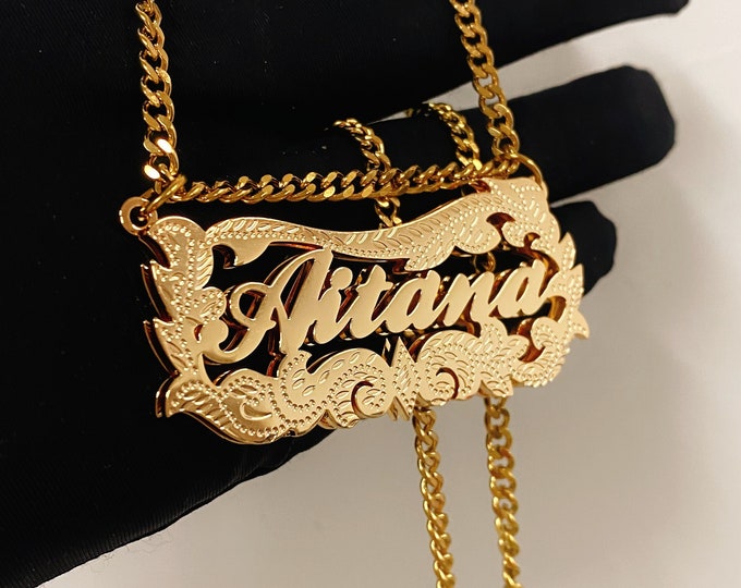 Personalized Double Plate Gold Plated Name Necklace, Custom Name ...