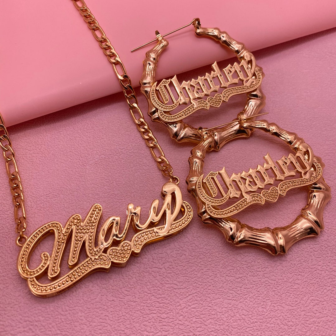 Name Plate Necklace Earrings Set, Bamboo Earrings, Double Name Plate ...