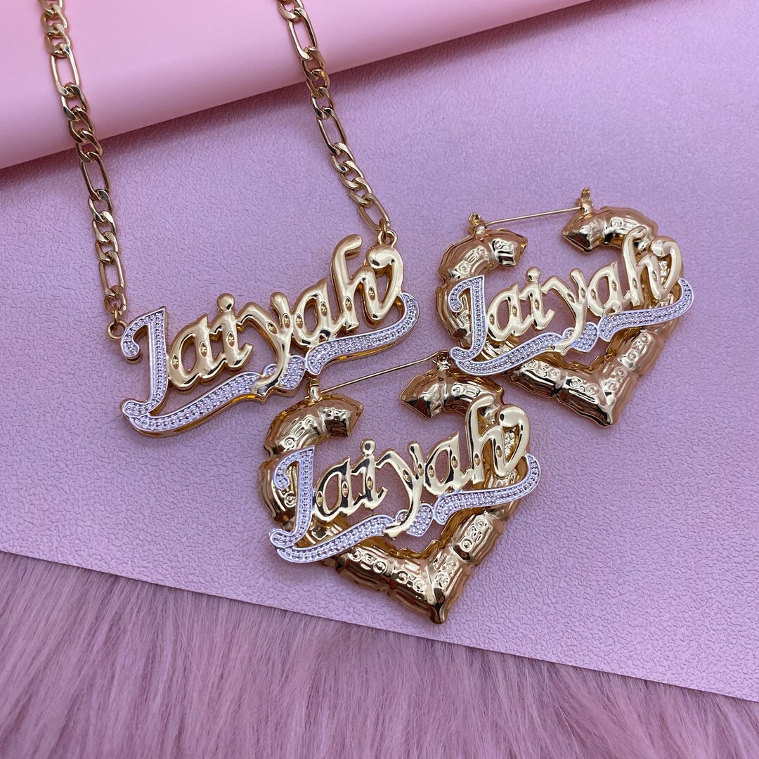 Name Plate Necklace Earring Set, Bamboo Earrings, Double Name Plate ...