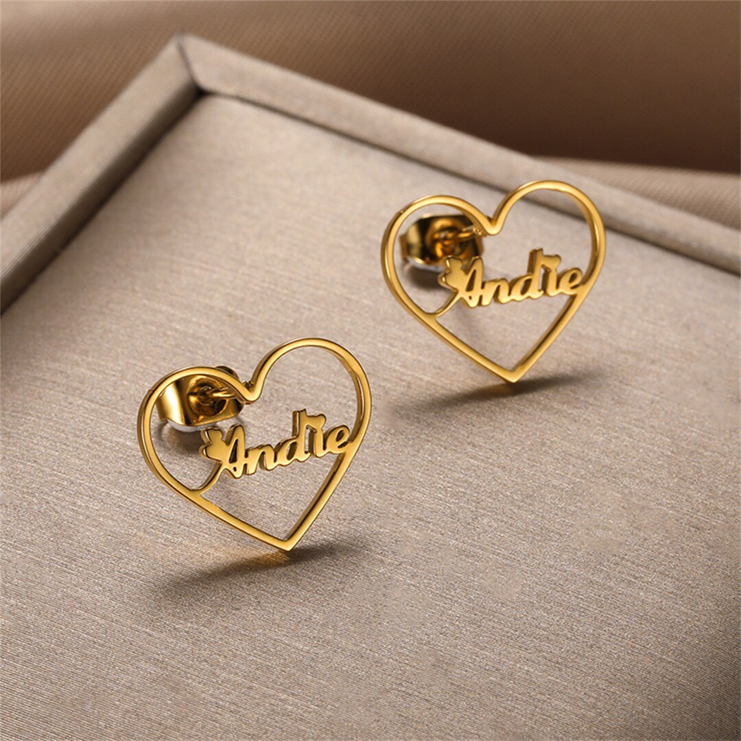 Custom Name Heart Stud Earrings, Girls Stud Earrings Name, Custom Name ...