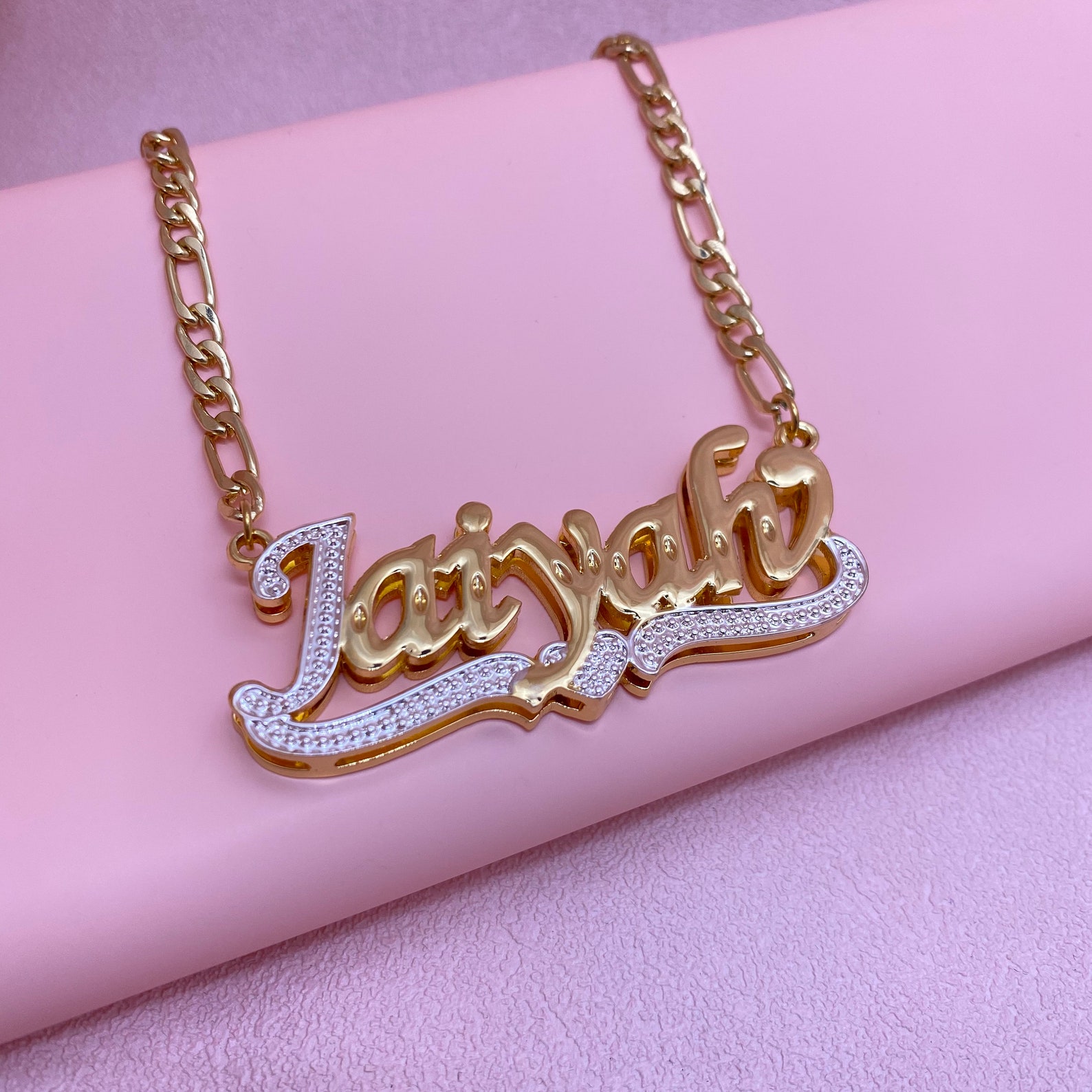 Name Plate Necklace Earring Set, Bamboo Earrings, Double Name Plate ...