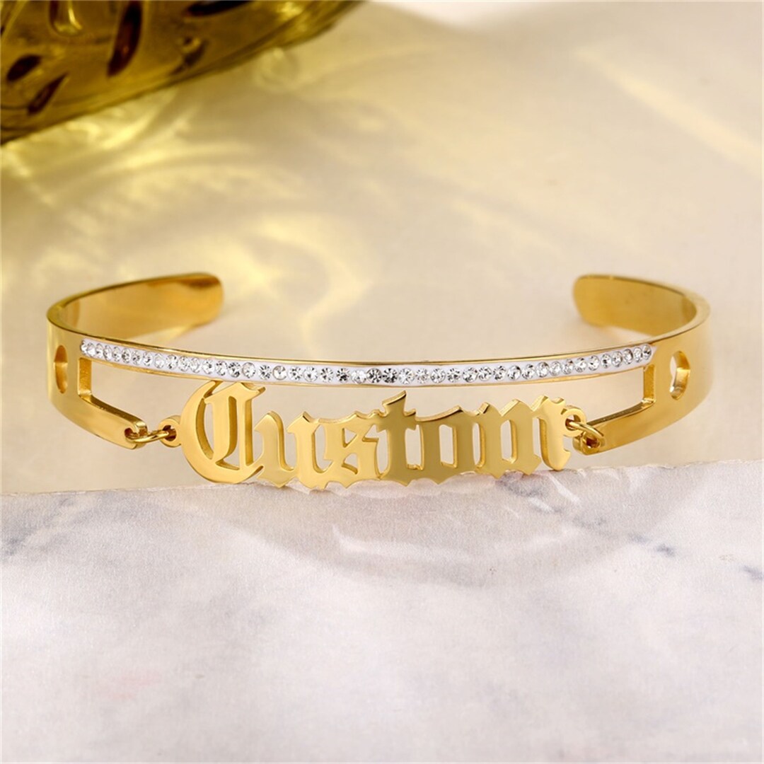 Custom Name Bangle Diamond, Name Cuff Bangle, Bling Crystal Name Bangle ...