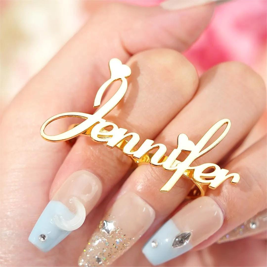 Custom Name Ring, Two Fingers Ring, Personalized Name Ring, Women Name ...