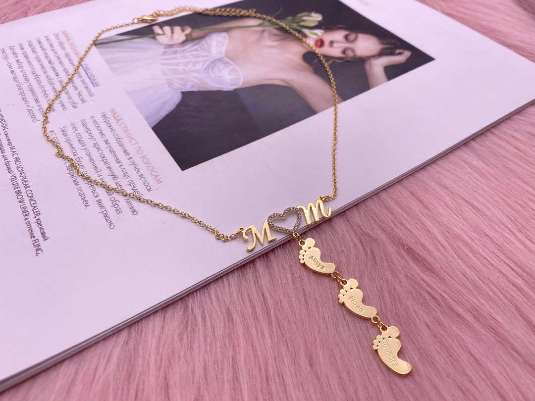 Baby Feet Necklace for Mother, Mom Necklace With Kids Names, Engraved ...