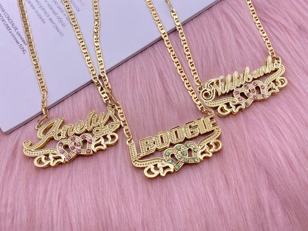Custom Name Nameplate Necklace, Birthstone Name Necklace, Double ...