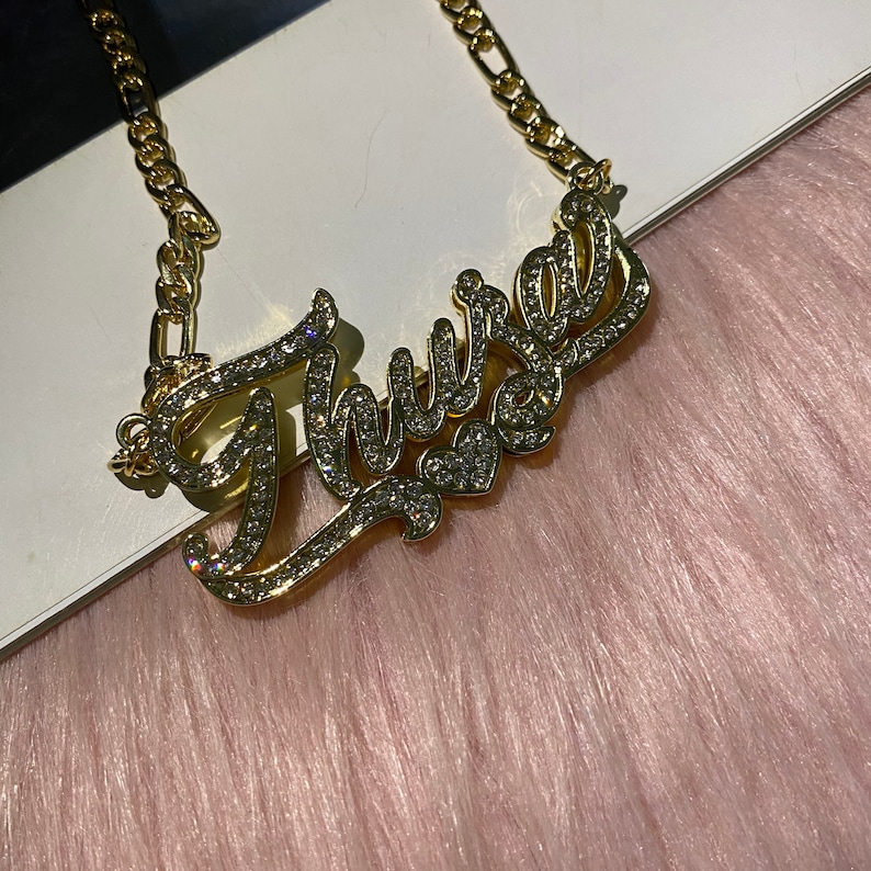 Name Plate Necklace Diamond Double Name Plate Custom Name - Etsy