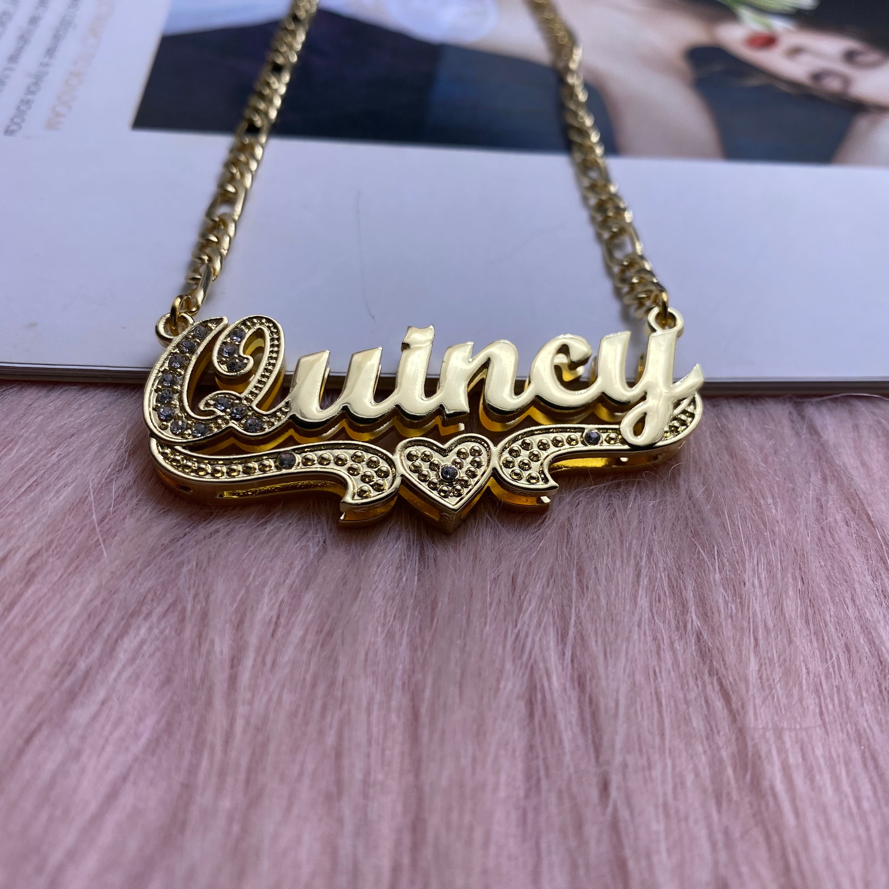 Name Plate Necklace Diamond Double Name Plate Custom Name | Etsy