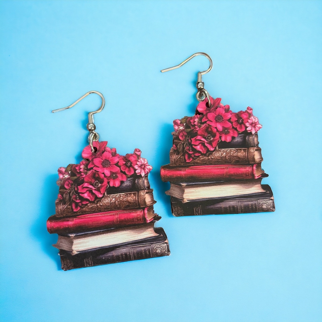 Book Earrings, Gift for Bookworm, Wooden Earrings, Lightweight Earrings ...