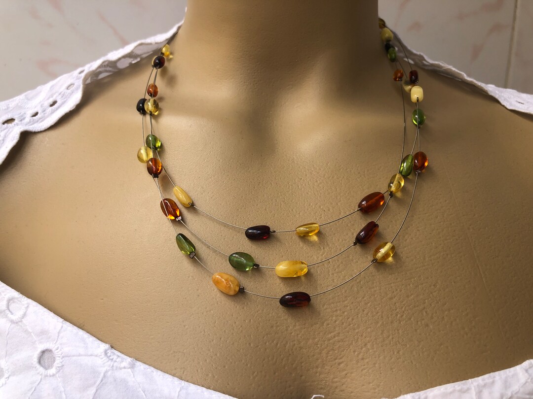 Multicolor Rainbow Layered Amber Nugget Beads Necklace, Natural Baltic ...