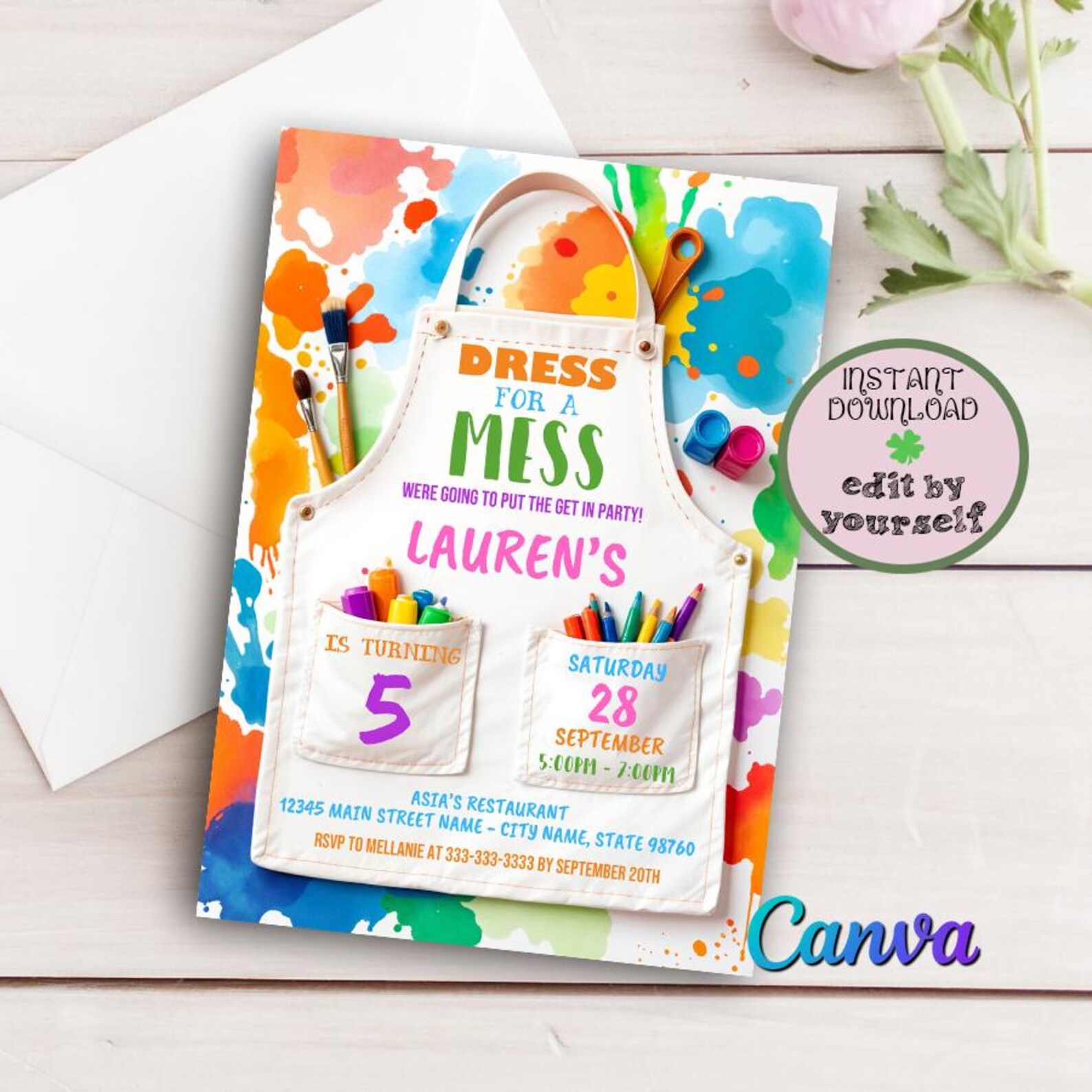 Editable Dress for a Mess Painting Party Birthday Invitation, Girl Art ...