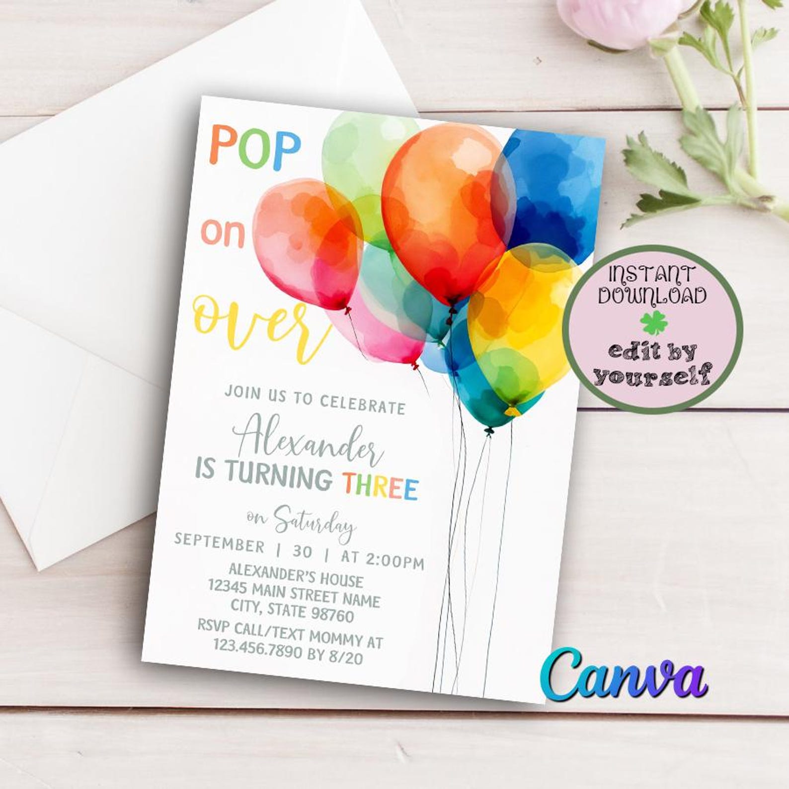 Editable Rainbow Balloons Birthday Invite, Balloons Invitation, Balloon ...