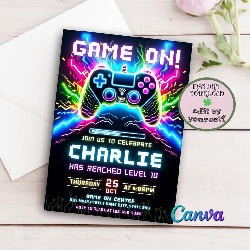 Editable Video Game Birthday Invitation, Neon Game on Level up Gaming ...