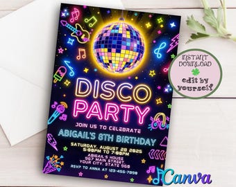 Editable Disco Party Birthday Invitation Template | Disco | Neon Glow ...