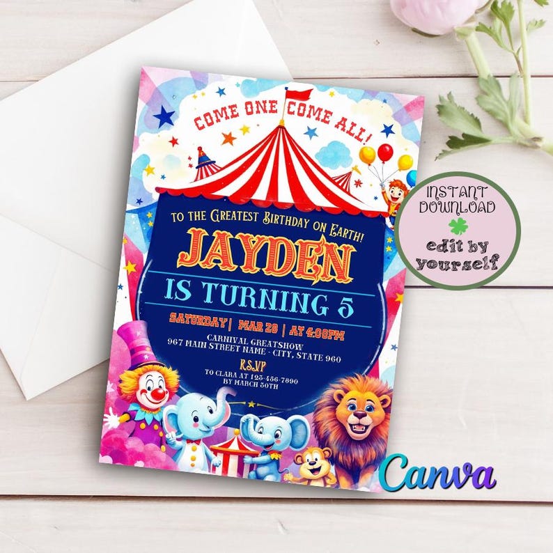 Editable Carnival Birthday Invitation Template, Kids Circus Ticket ...