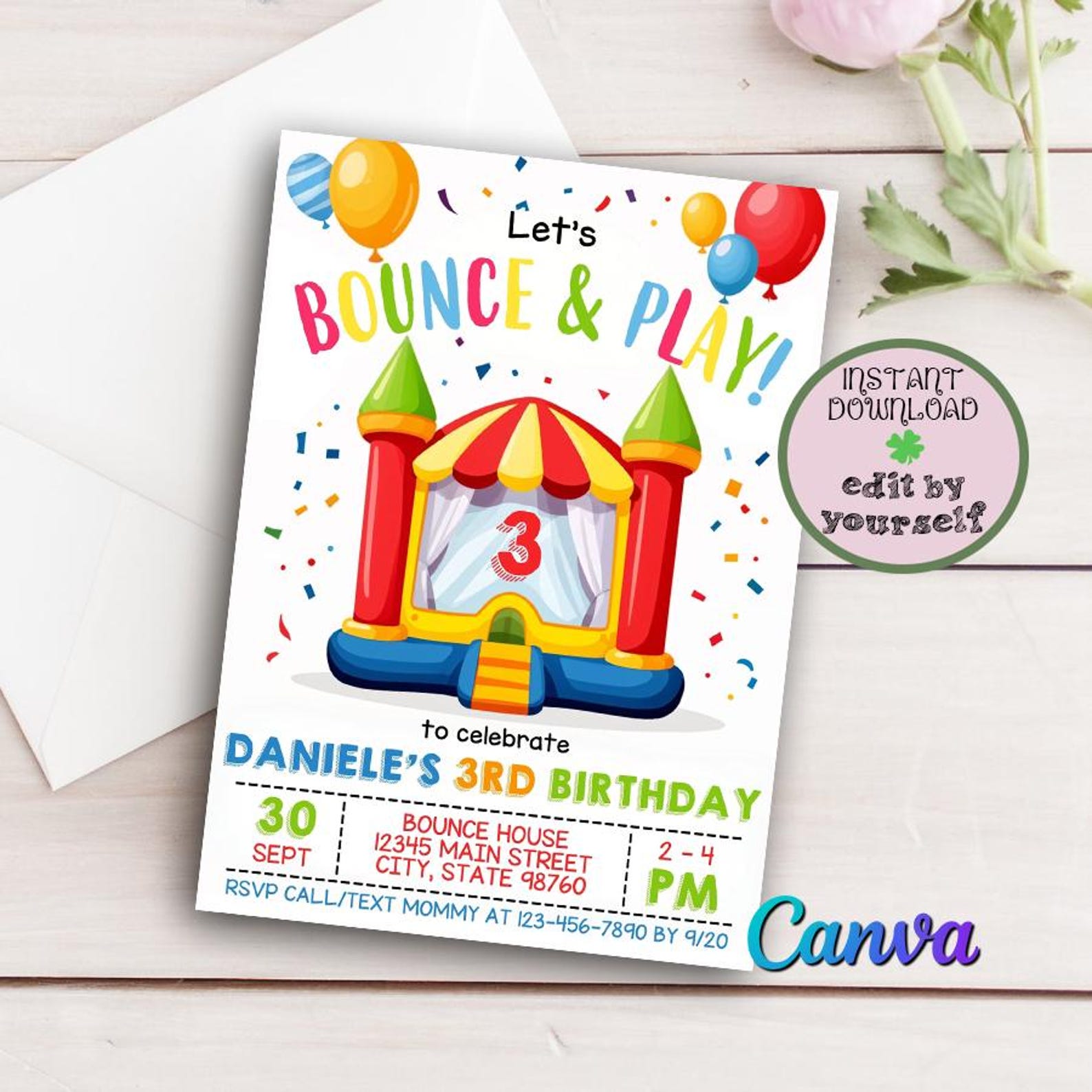 Editable Bounce House Birthday Invitation, Kids Jump Bounce House Party ...