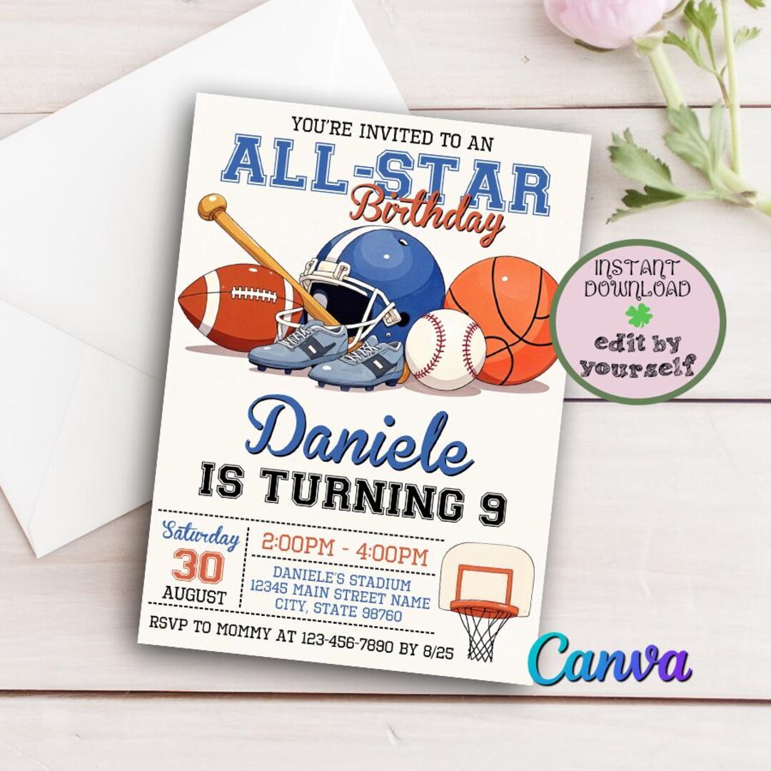 Editable All Star Sports Invitation, Sport Birthday Invitation Template ...