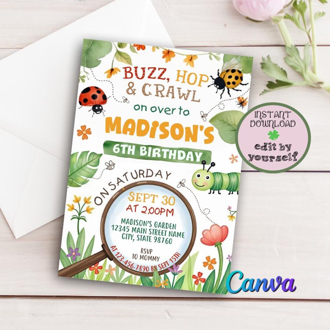 Editable Insect Bugs Birthday Invitation, Buzz Hop and Crawl, Nature ...