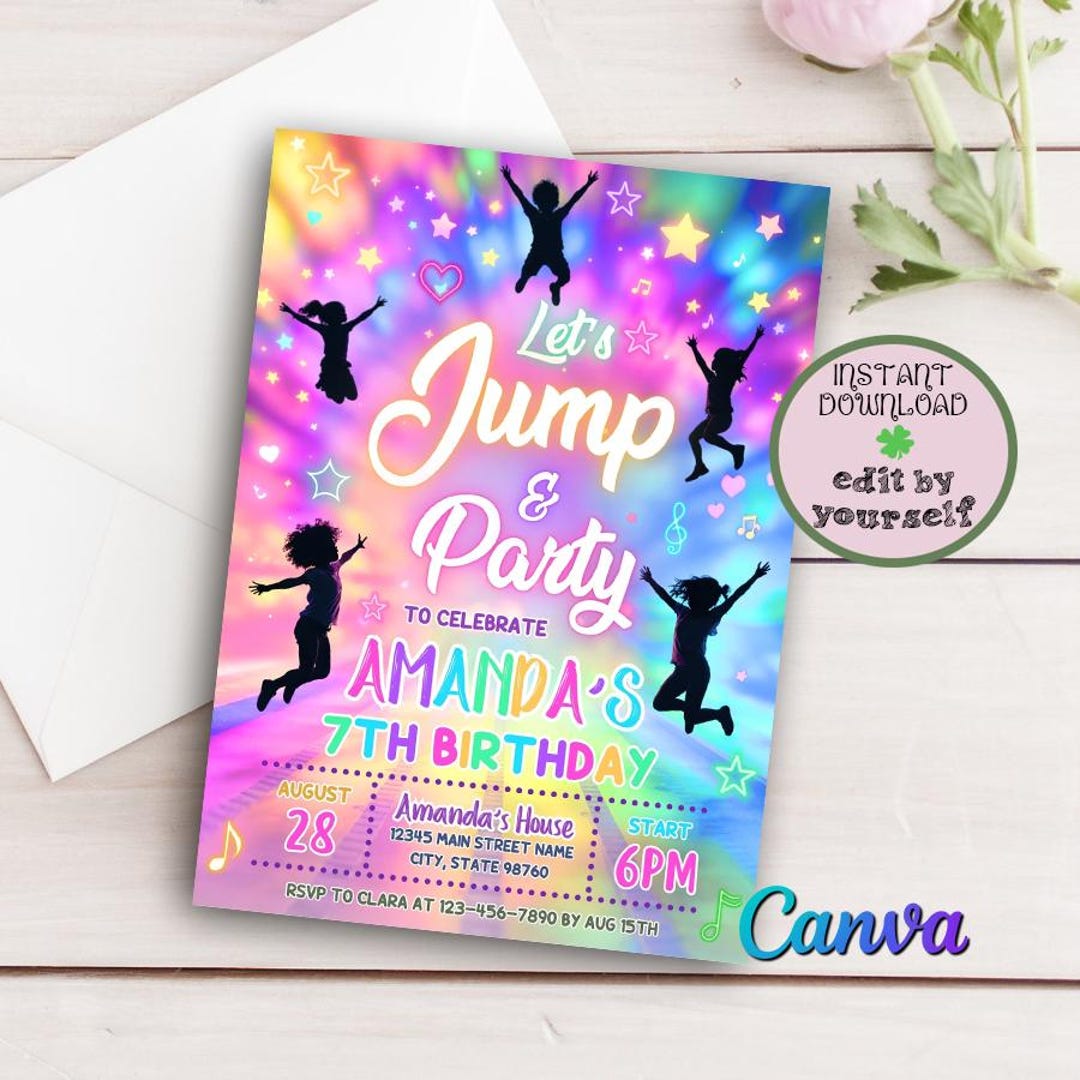 Editable Tie Dye Jump Birthday Party Invitation, Let's Jump Party ...