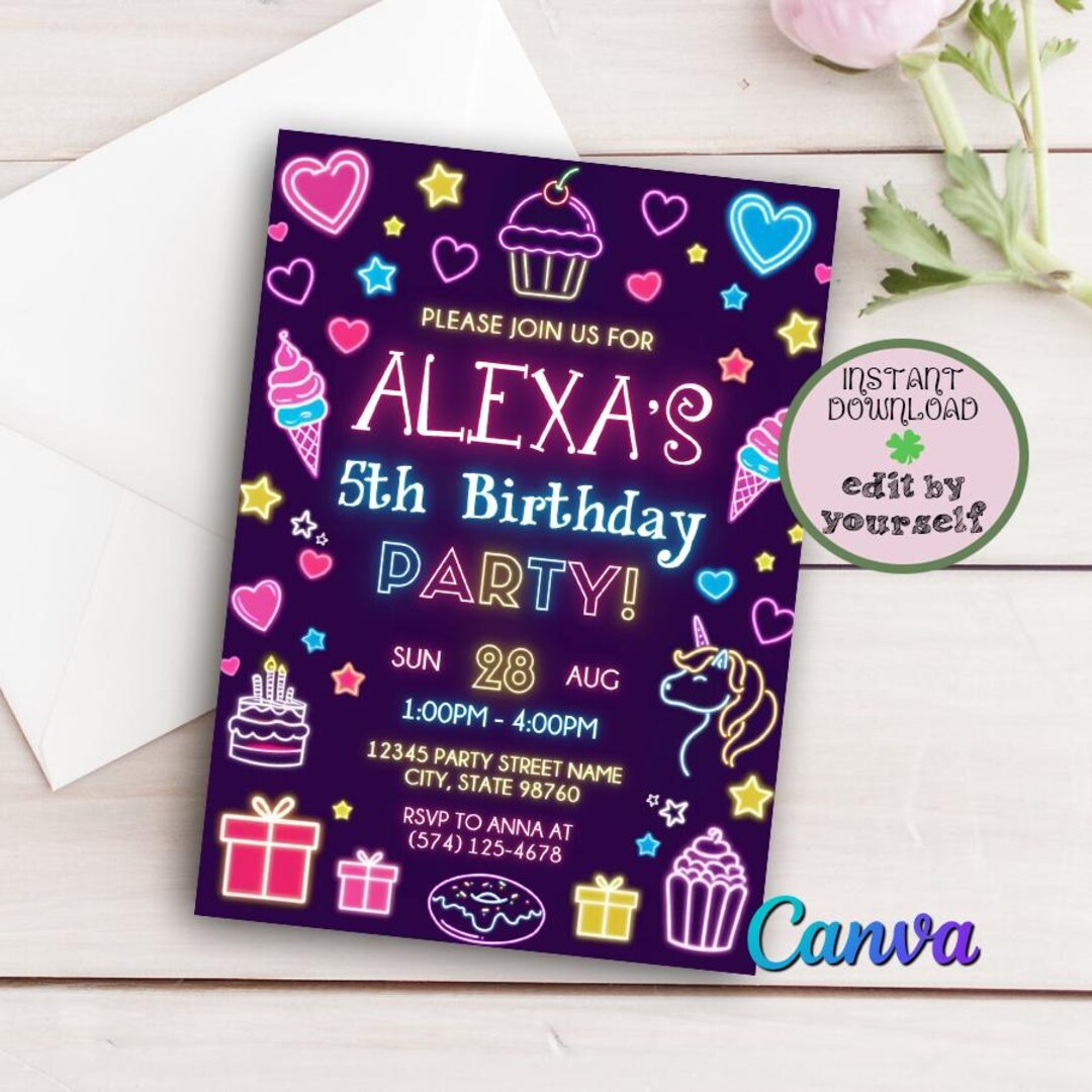 Neon Lights Birthday Invitation, Unicrorn Glow Party Invite, Neon ...