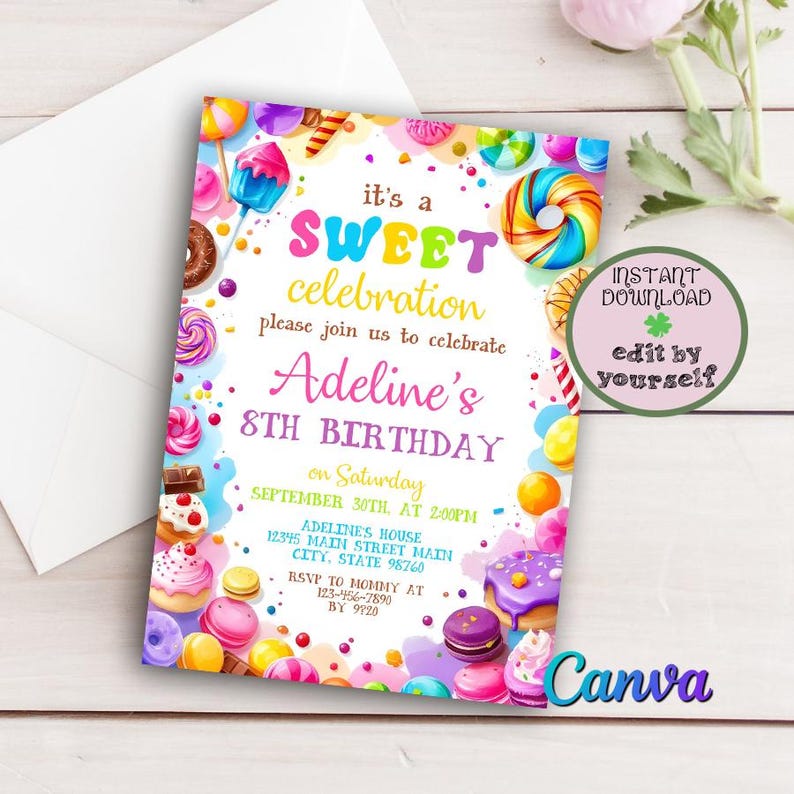 Editable Sweets Candy Invitation, Sweet Candy Birthday Invitation, Girl ...