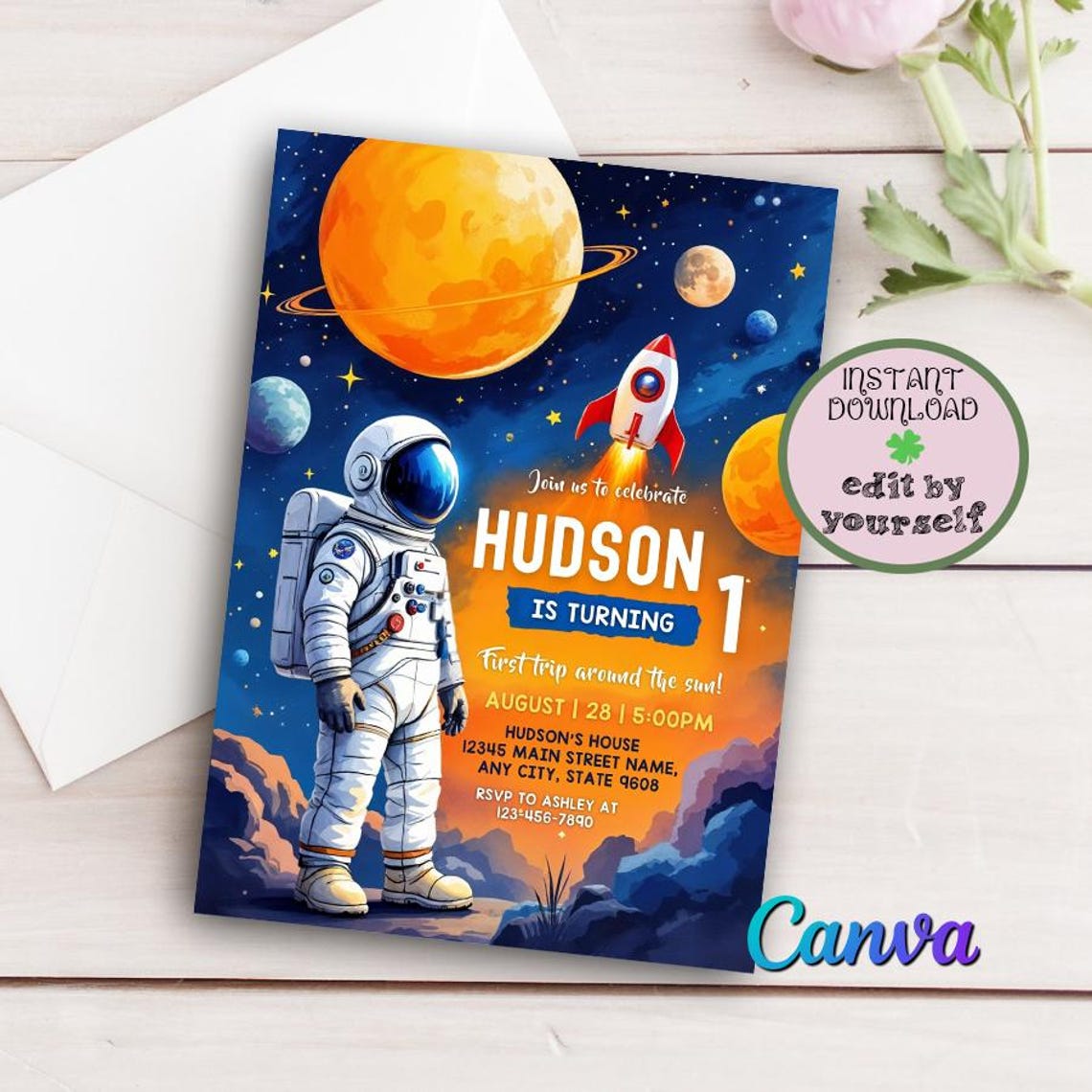Editable Outer Space Birthday Party Invitation Template, Planets Rocket ...