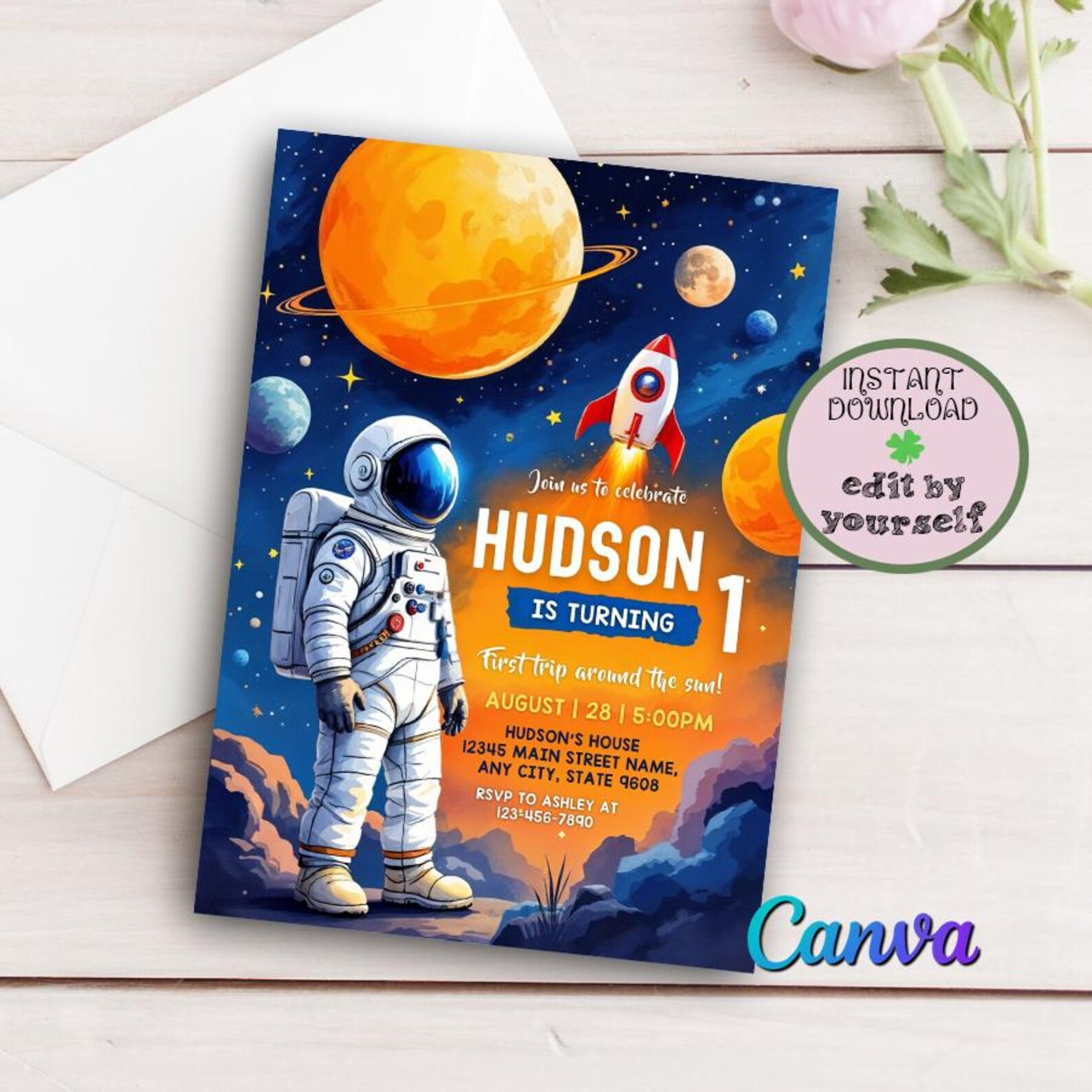 Editable Outer Space Birthday Party Invitation Template, Planets Rocket ...