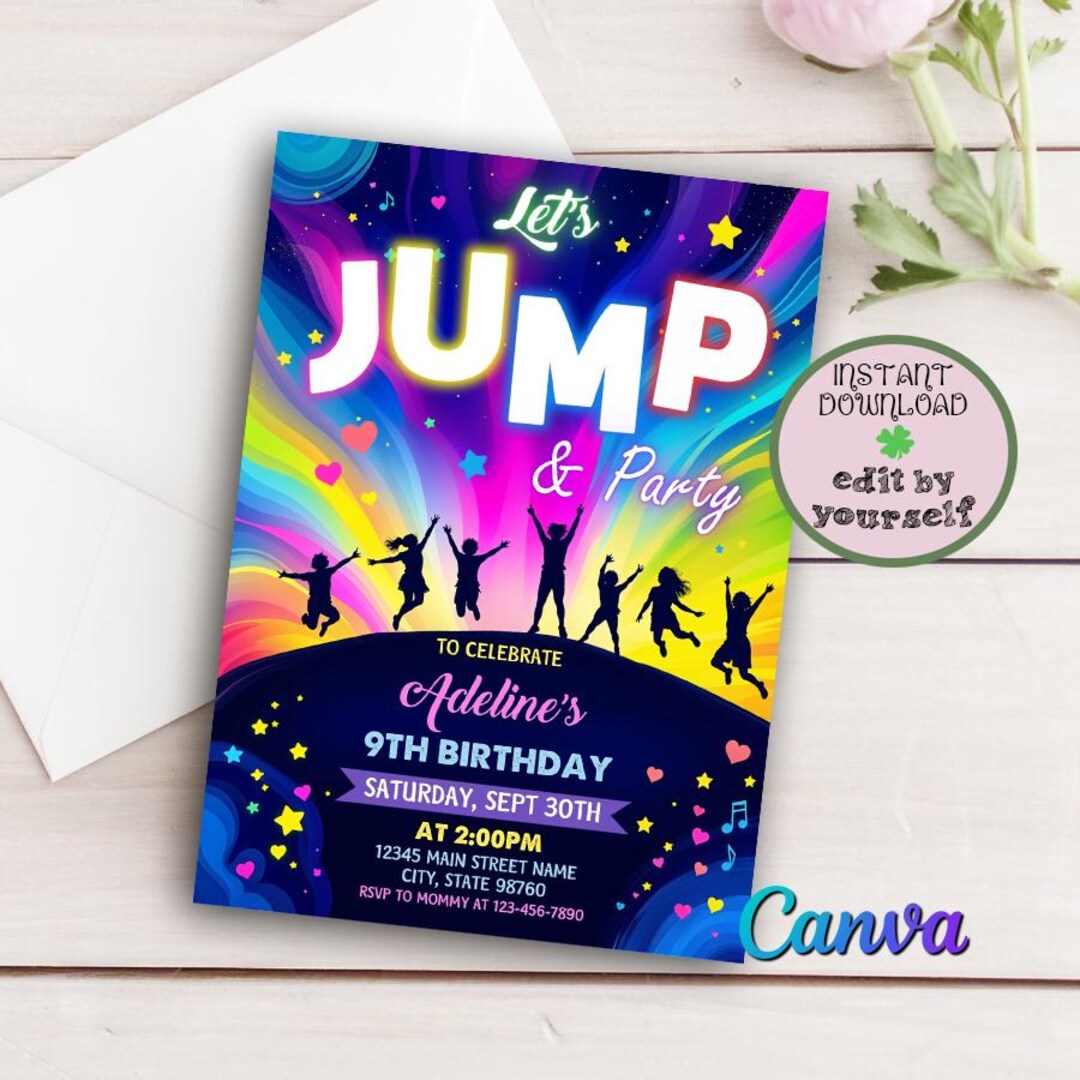Editable Jump Birthday Party Invitation, Trampoline Bounce House Jump ...